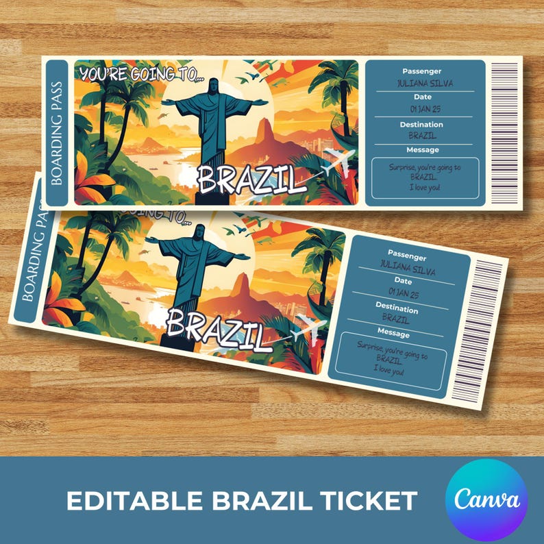 Editable Brazil Trip Ticket: Surprise Vacation Reveal (digital Download ...