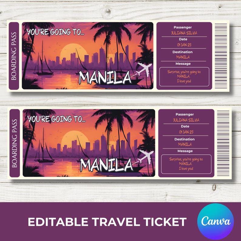 Editable Manila Ticket, Philippines Trip Surprise Gift | You're Going ...