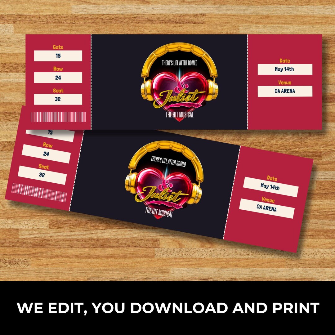 Personalized AND JULIET Musical Theatre Ticket | Editable and Juliet ...