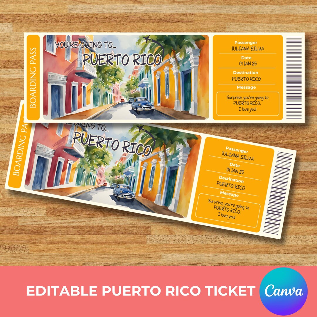 Editable Puerto Rico Ticket | Puerto Rico Surprise Trip Gift | You're ...