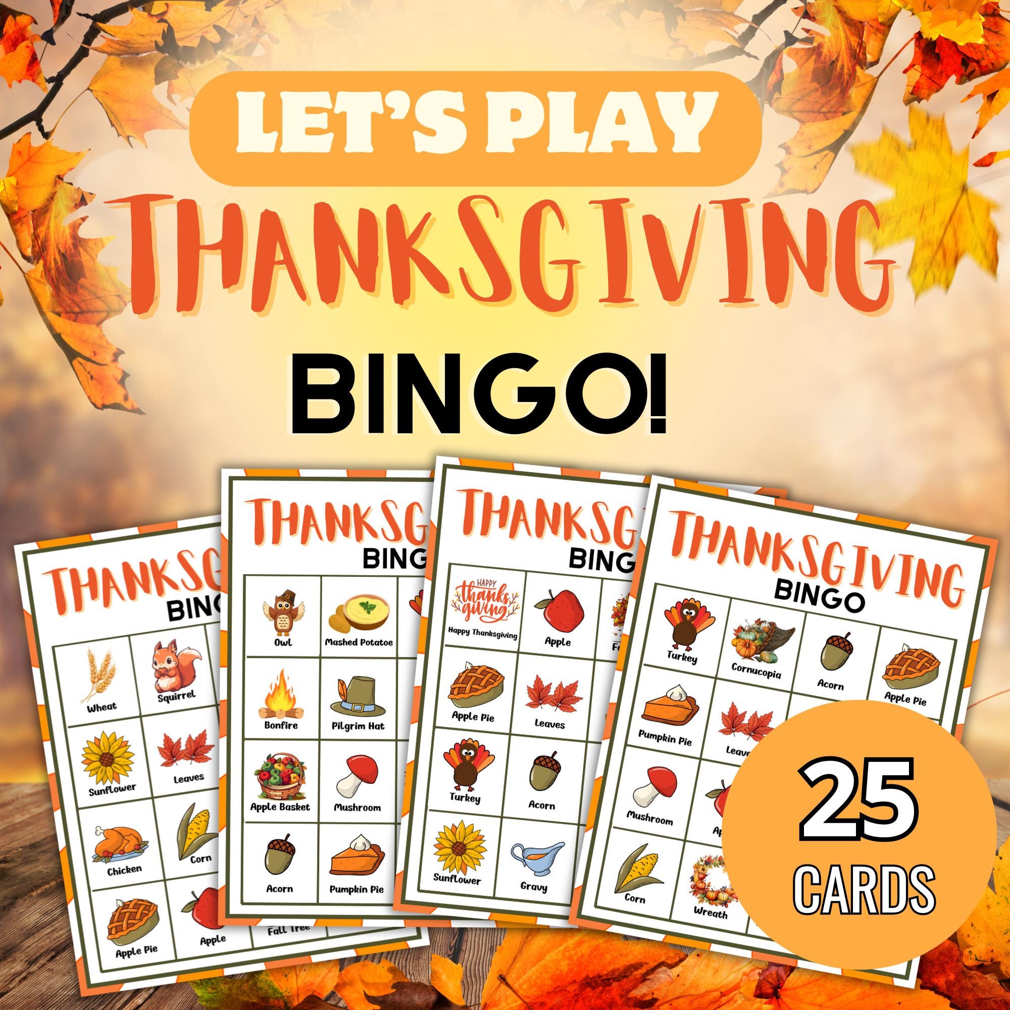 Fall Thanksgiving Bingo, 25 Bingo Cards Printable Game, Thanksgiving ...