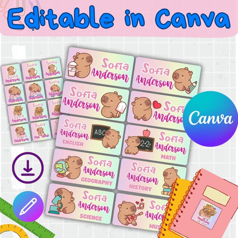 Capybara School Name Tags- Printable and Editable Canva Template, Back ...