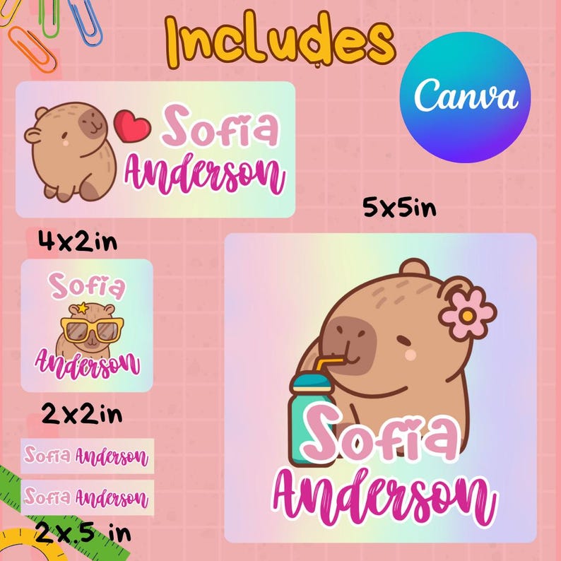 Capybara School Name Tags- Printable and Editable Canva Template, Back ...