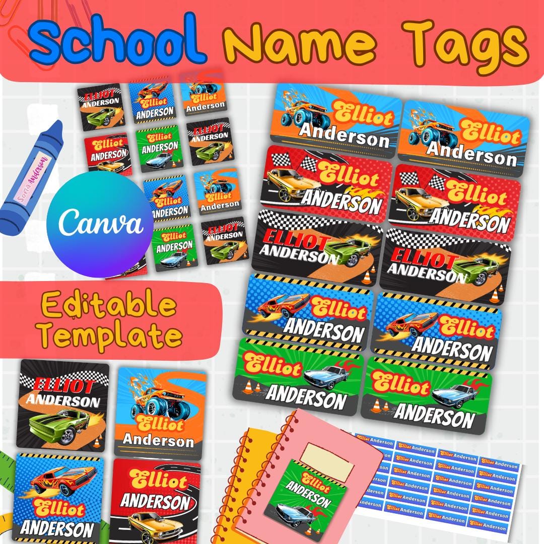 Fun Car-themed School Labels–personalize in Minutes, School Name Tags ...