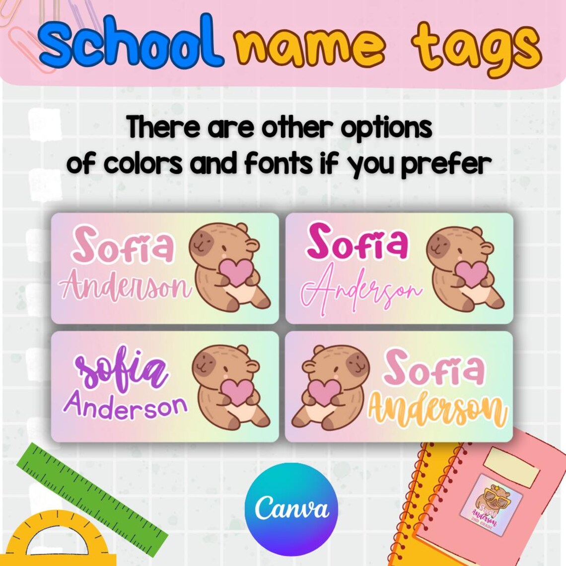 Capybara School Name Tags- Printable and Editable Canva Template, Back ...