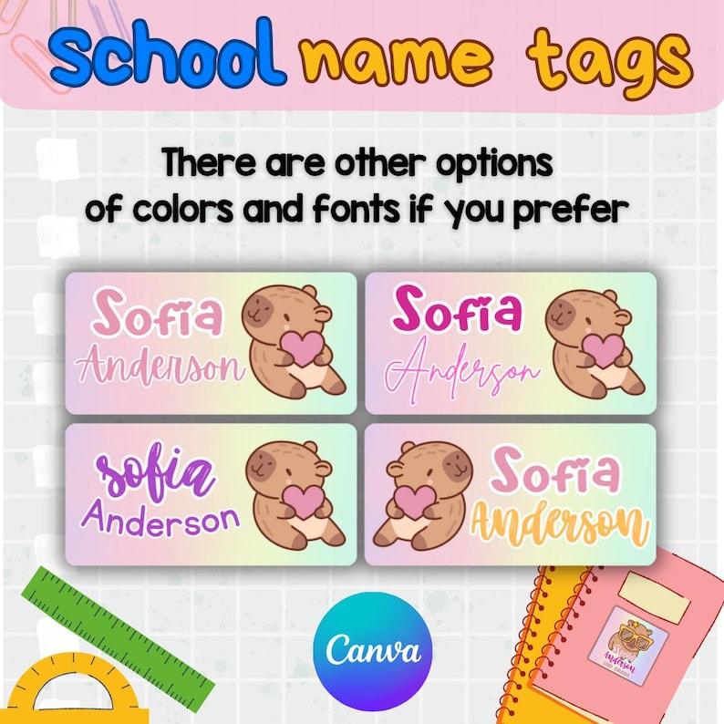 Capybara School Name Tags- Printable and Editable Canva Template, Back ...