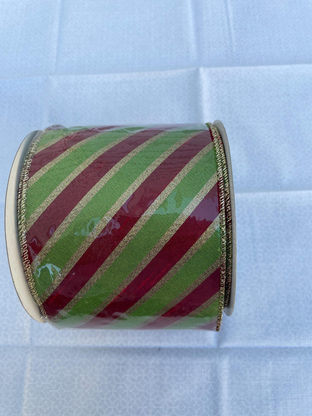 Green Red and Gold Stripe 4in Wired Ribbon, Wreath Making Supplies ...