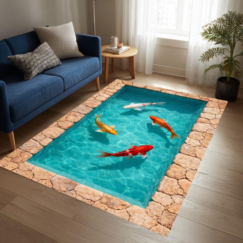 Koi Fish Pool Illusion Stone Border Rug - Etsy UK