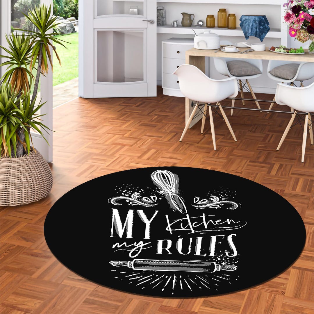 Black and White Round & Rules Quote Chef Washable Kitchen Rug, Chef Rug ...