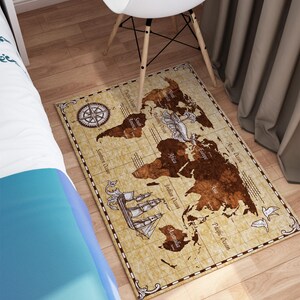 Vintage World Map Rug, Antique Map Rug, Adventure Map Rug, Ship and ...