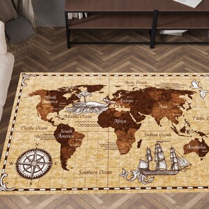 Vintage World Map Rug, Antique Map Rug, Adventure Map Rug, Ship and ...