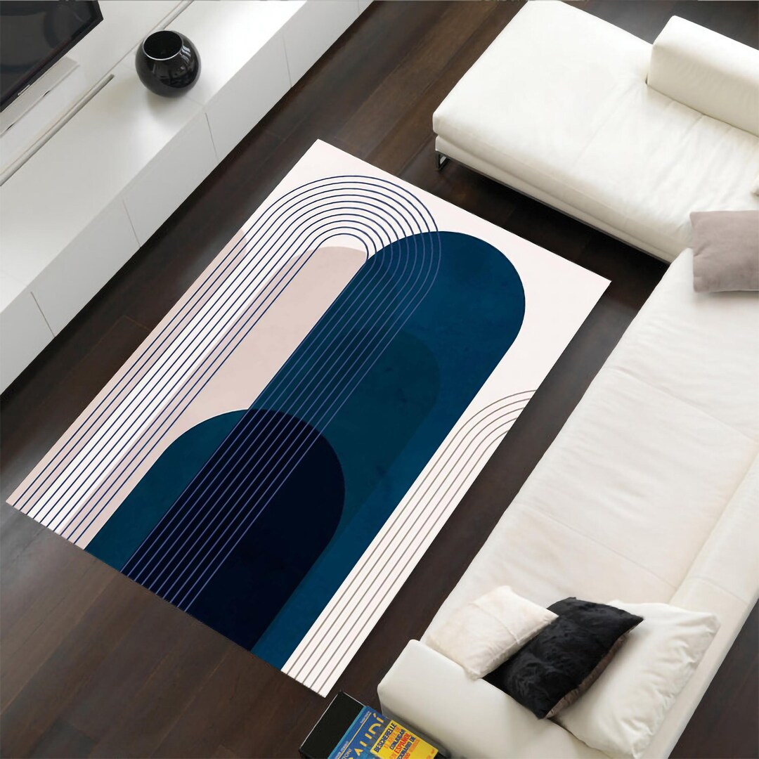 Abstract Art Rug, Modern Geometric Rug, Navy Blue and Beige Rug, Line ...