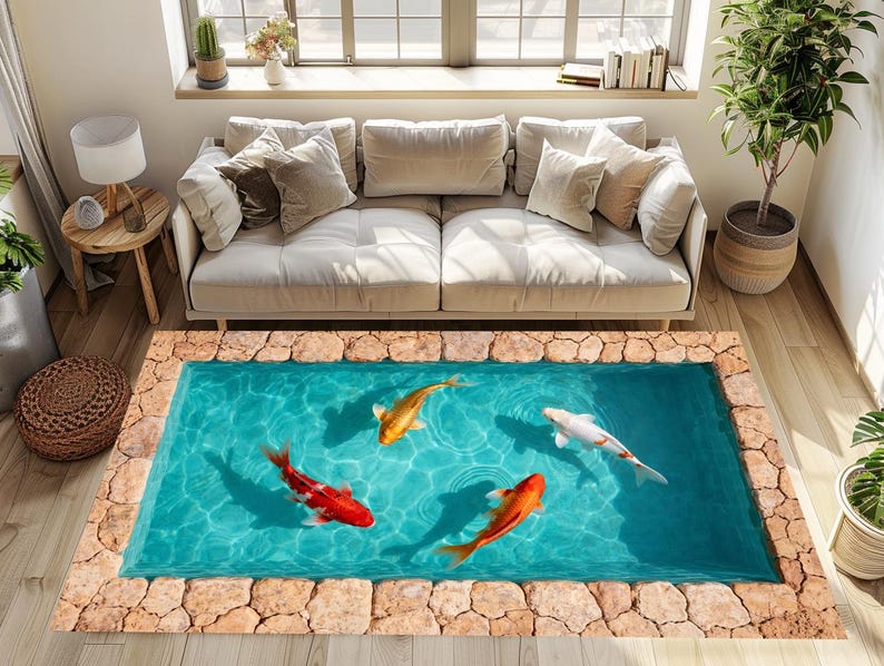 Koi Fish Pool Illusion Stone Border Rug - Etsy UK