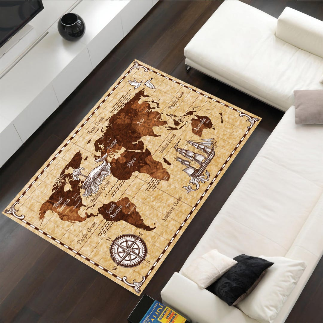 Vintage World Map Rug, Antique Map Rug, Adventure Map Rug, Ship and ...