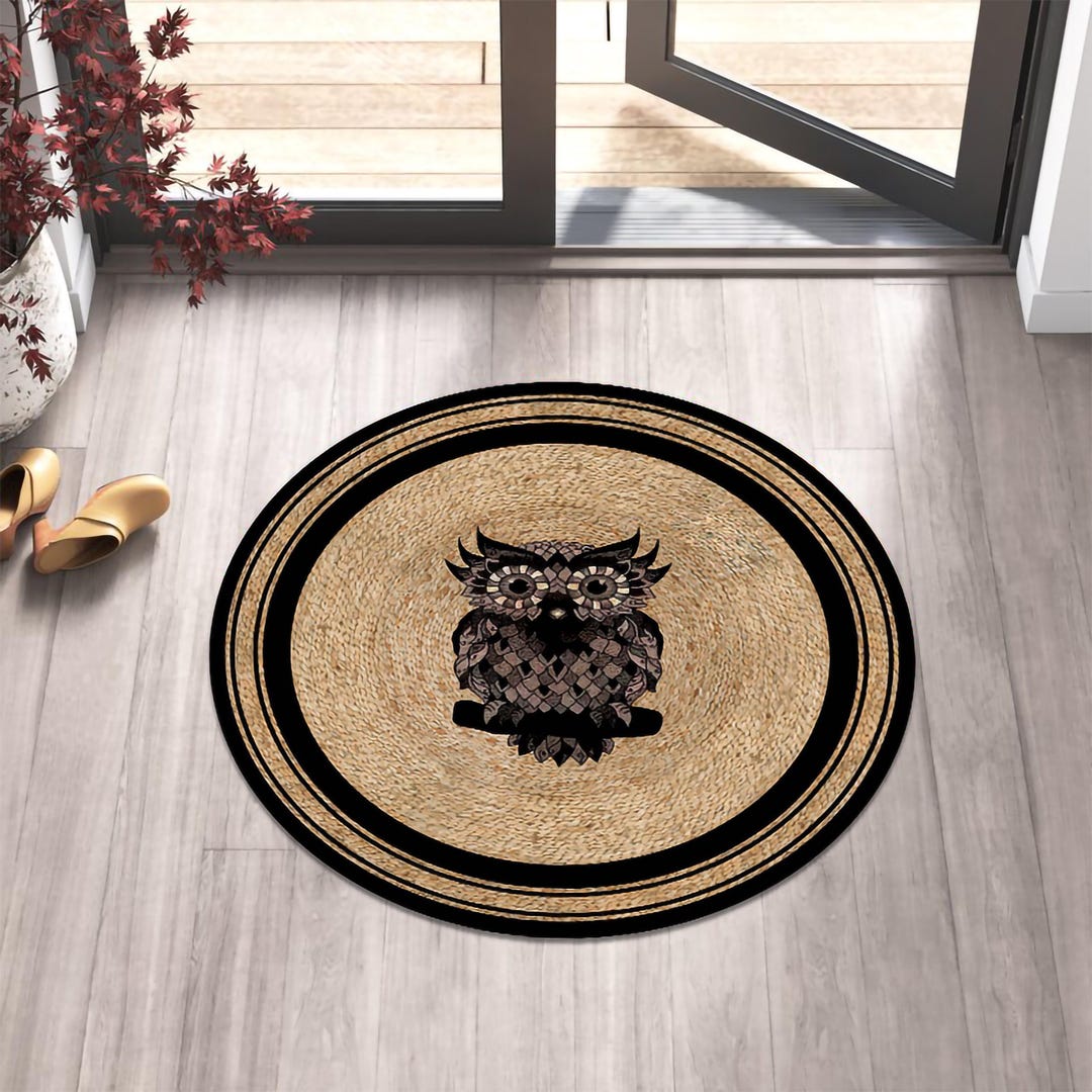 Round Owl Mat – Boho Animal Digital Print Rug in Neutral Earth Tones - Etsy