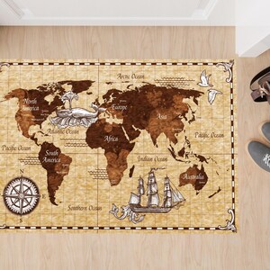 Vintage World Map Rug, Antique Map Rug, Adventure Map Rug, Ship and ...