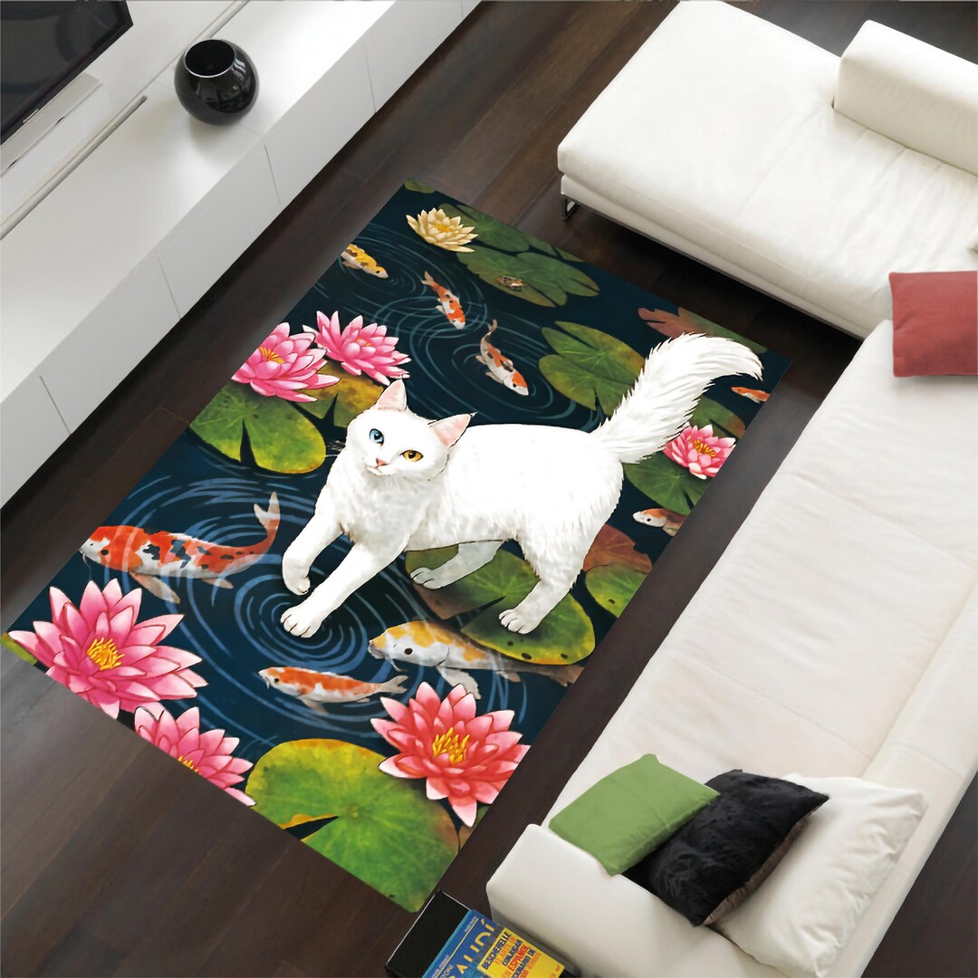 Cat Lover Rug, White Cat Carpet, Koi Fish Rug, Japanese Art Rug, Zen ...