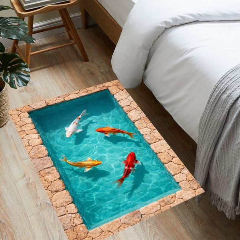 Koi Fish Pool Illusion Stone Border Rug - Etsy UK