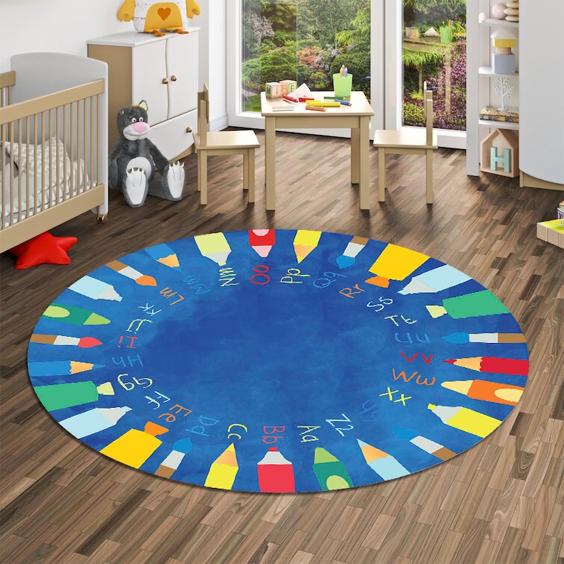 Alphabet Kids Rug: Colorful Round Learning Mat, Non-slip Washable Rug ...