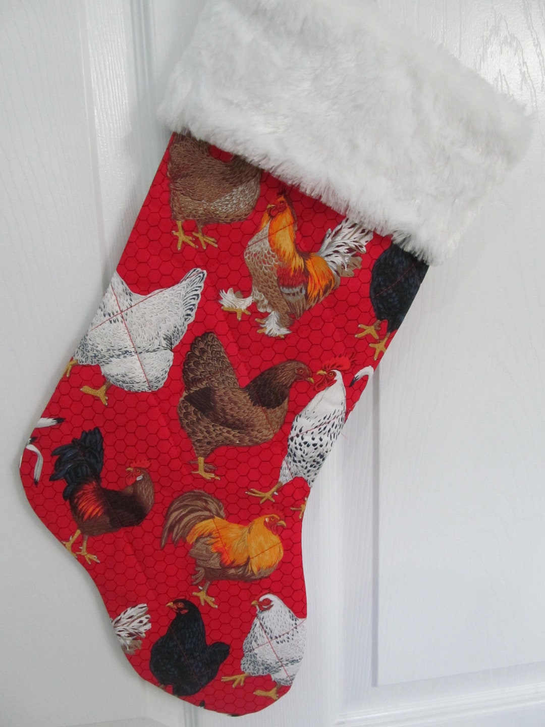 Chickens Roosters Hens Christmas Stocking Lined and Quilted With Faux ...