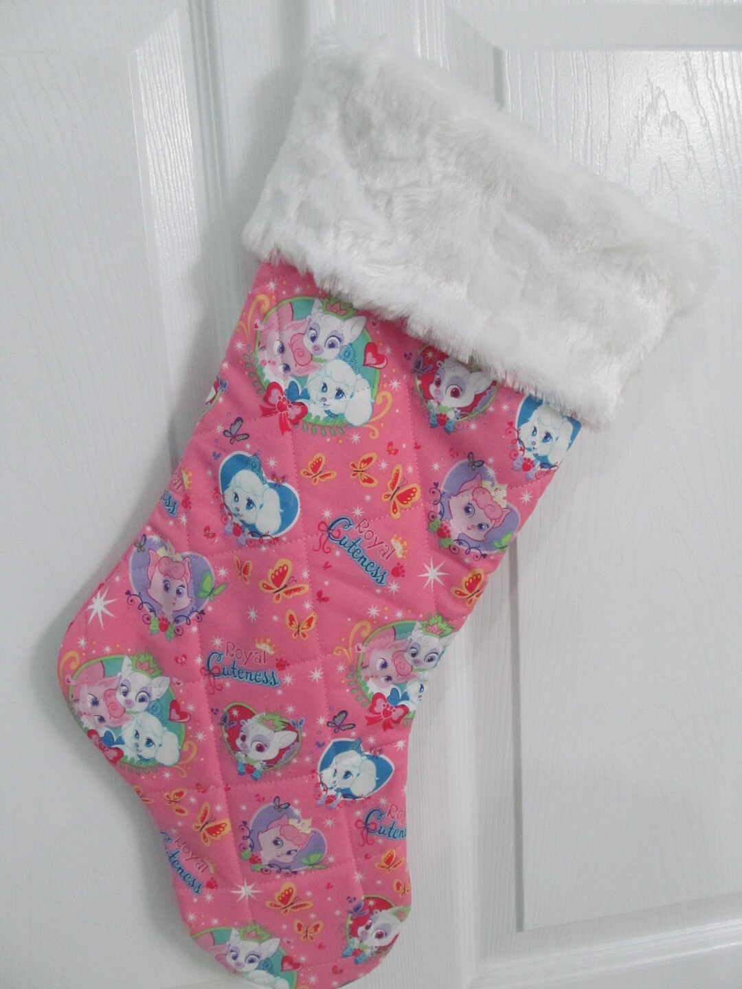 Quilted Christmas Stocking: Pink Dogs & Cats Print, Faux Fur Top - Etsy