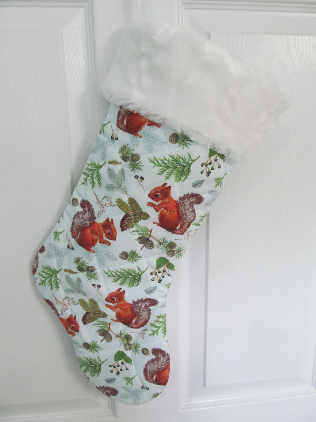 Squirrels Winter Scene Christmas Stocking Lined and Quilted White Fur ...