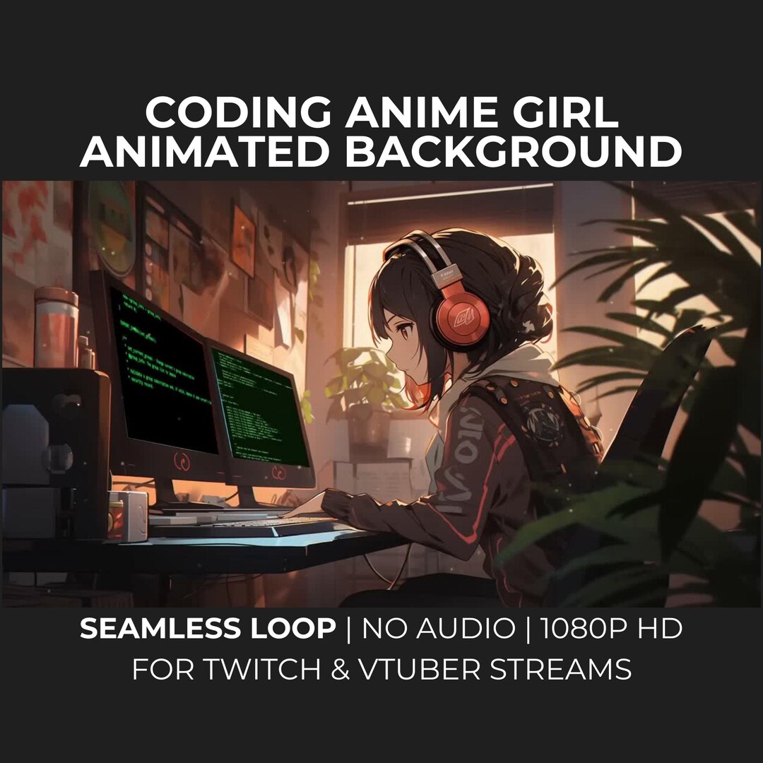 Anime Coder Girl Loop | 1080p Twitch Background | Gaming Desk OBS - Etsy