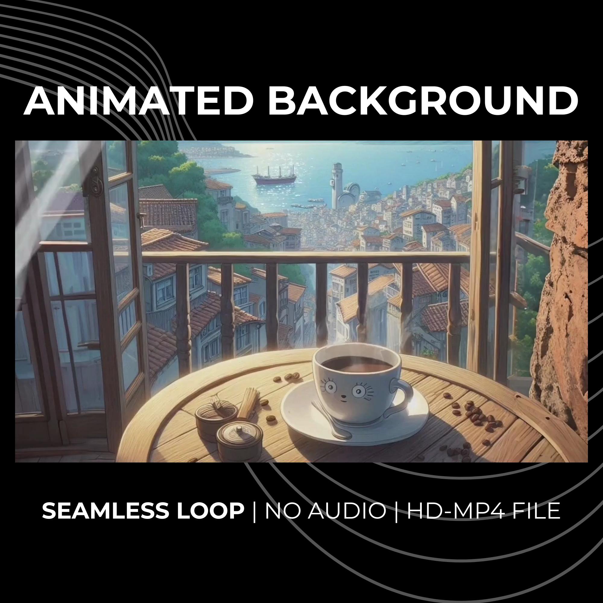 Ghibli Balcony Animated Background: Coastal City View Seamless Loop ...