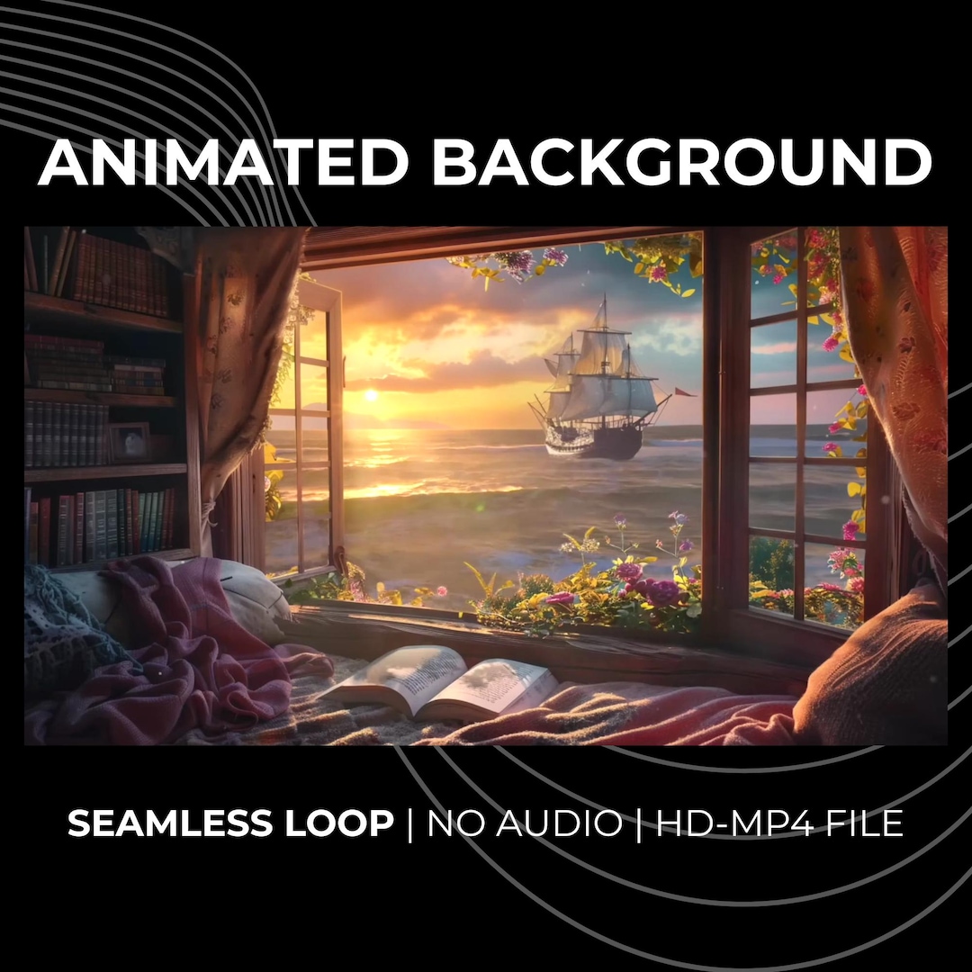Cozy Window View Animated Background: Ocean Sunset Sailing Ship (MP4 ...