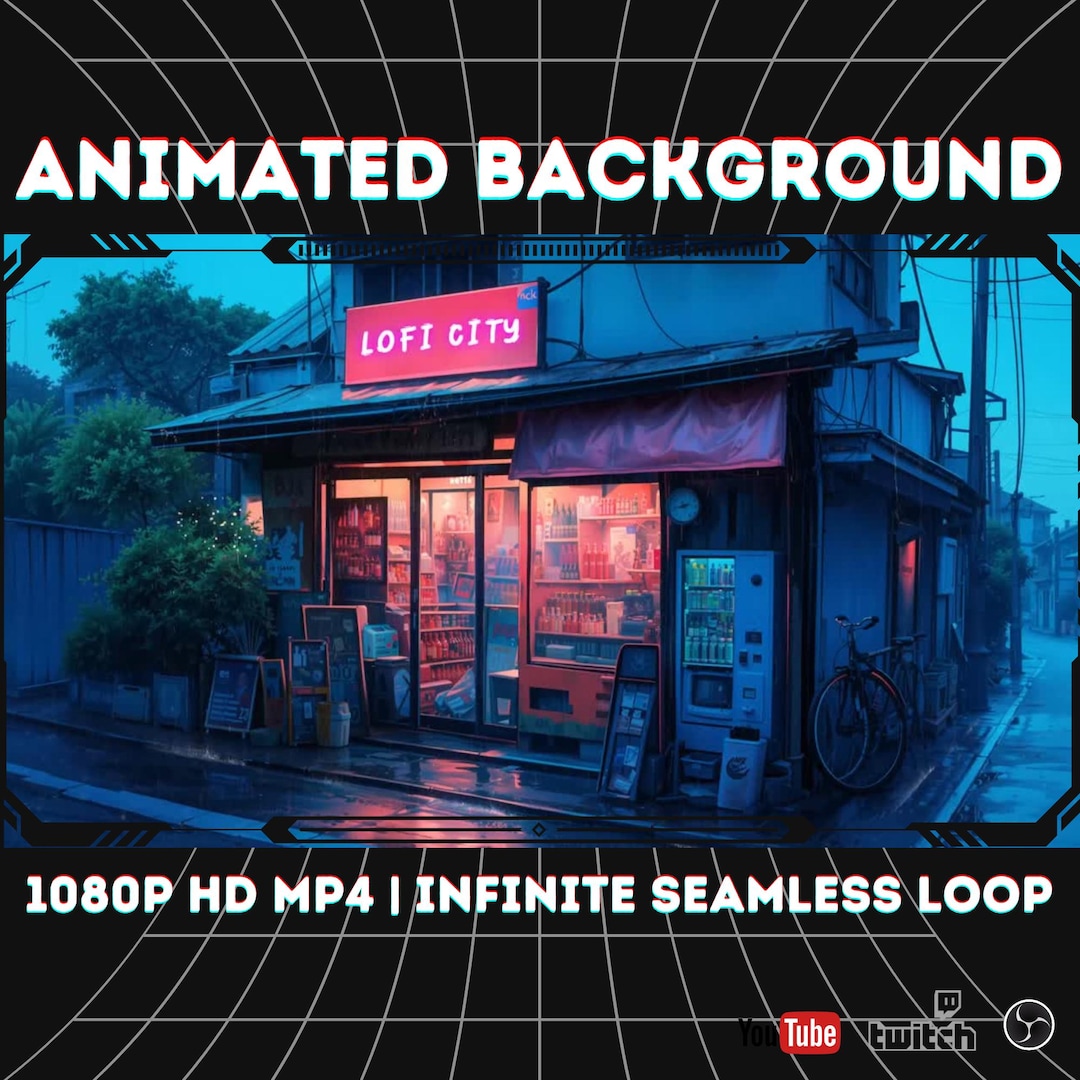 Neon Lofi City Rain Animated Overlay: Twitch, Youtube, OBS (1080p ...