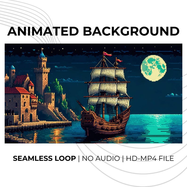 Animated Pixel Art Ship Castle Background: Seamless Looping Night Scene ...