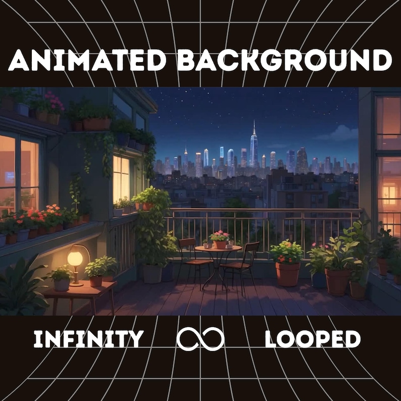 Rooftop Garden Animated Background: Lofi NYC City View at Night, Cozy ...