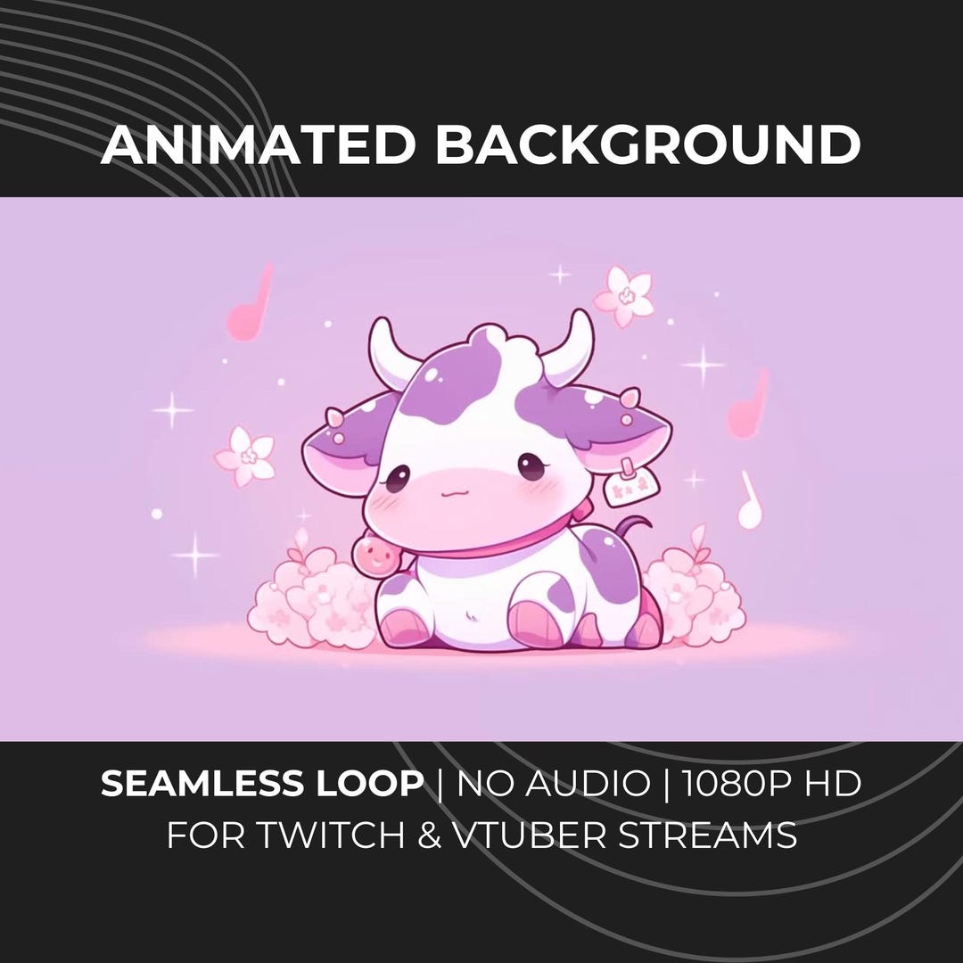 Purple Cow Animated Stream Background: Kawaii Vtuber Overlay (1080p ...