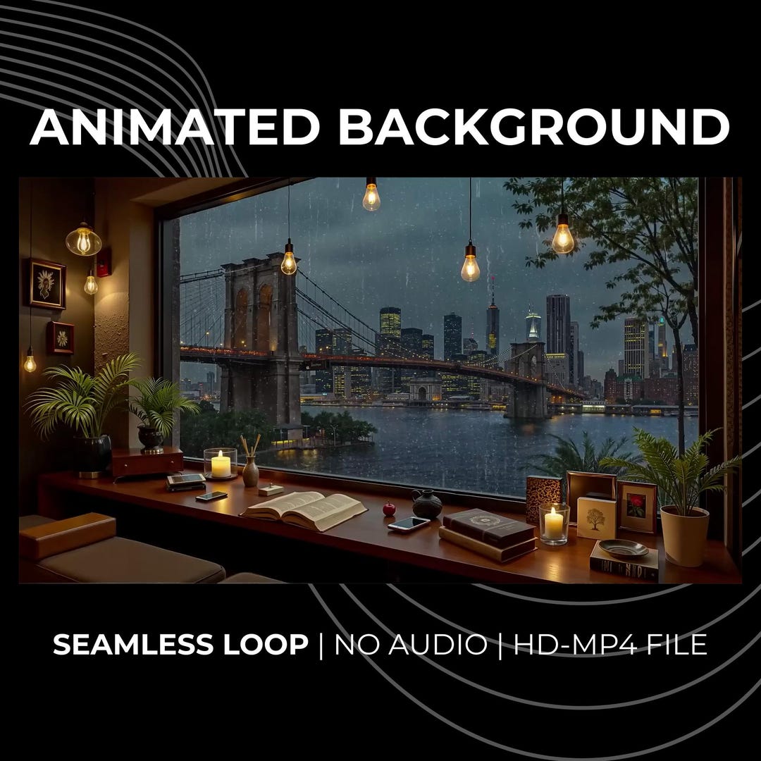 Animated Brooklyn Bridge Rainy Day Background: Lofi NYC Cozy Window ...