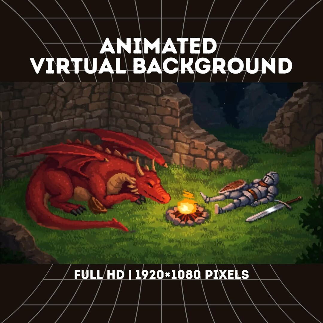 Animated Pixel Art Background: Dragon and Knight Campfire Truce, Cozy ...