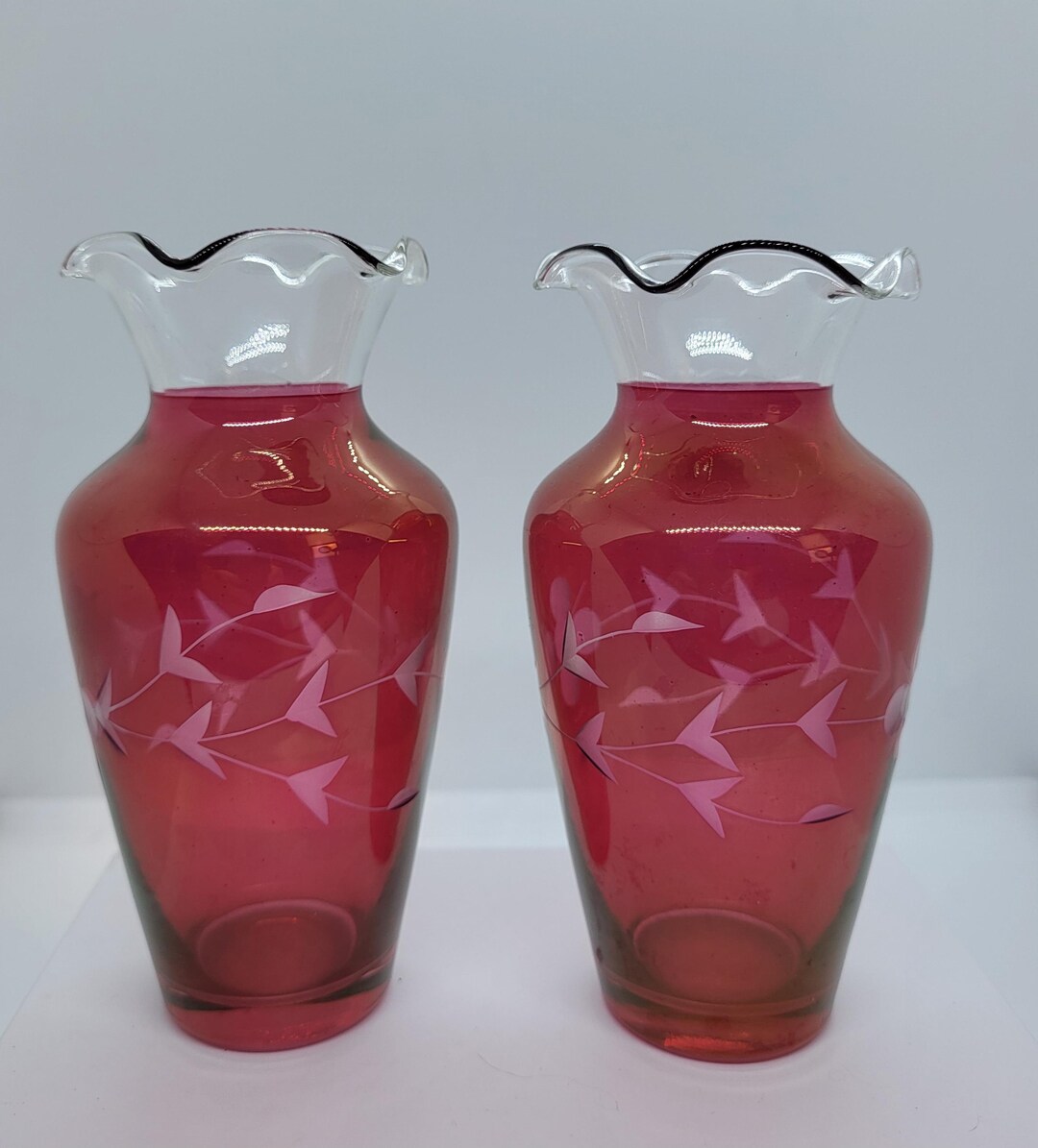 Pair of Etched Cranberry Glass Vases - Etsy