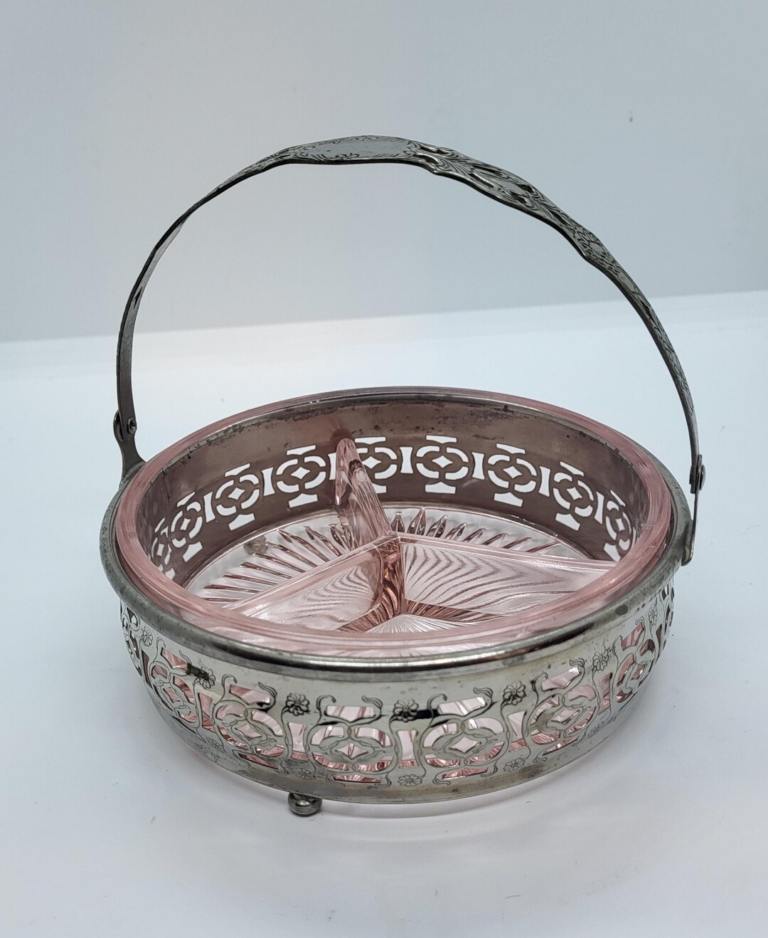 Small Pink Depression Glass Divided Bowl in a Silver Basket With Handle ...