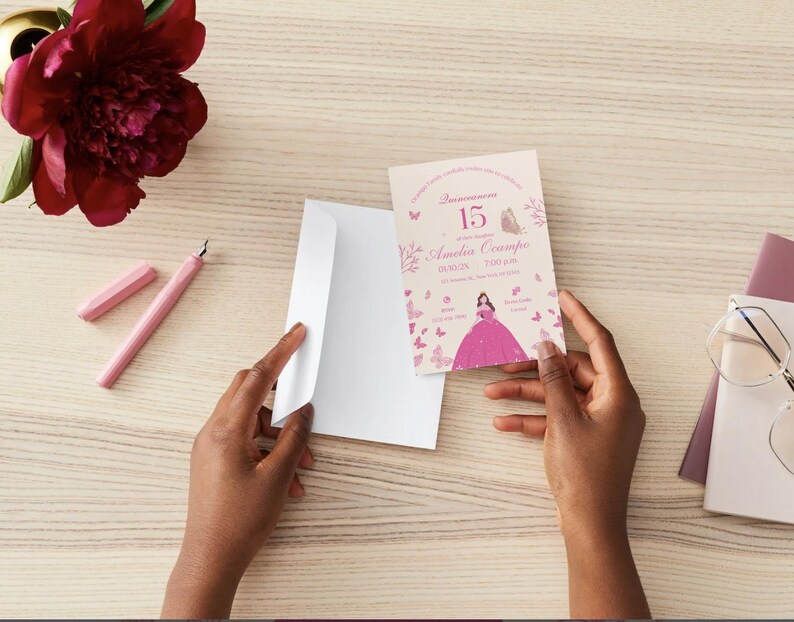 Quinceañera Invitation Pink Butterfly Princess, Mis XV Crown Tiara ...