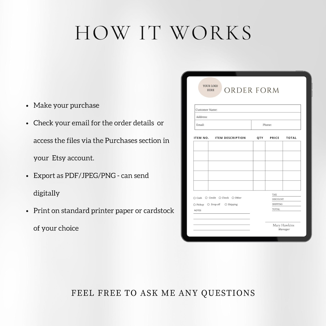 Small Business Order Form Template: Fillable Invoice (digital Download ...