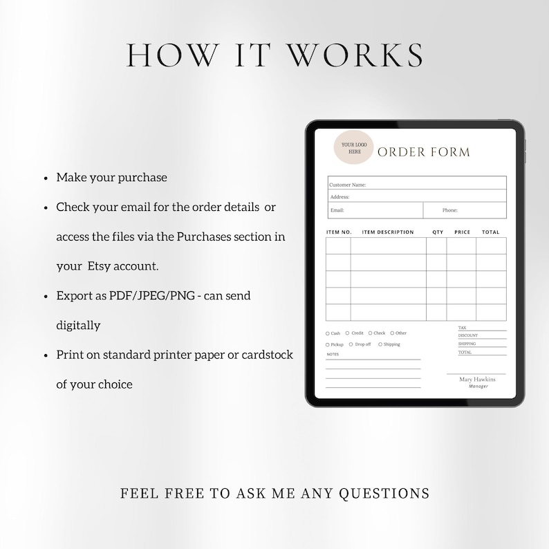 Small Business Order Form Template: Fillable Invoice (digital Download ...