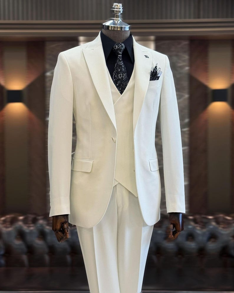 Ecru 3-piece Slim Fit Suit for Men - Wedding Suits - Engagement Suits ...