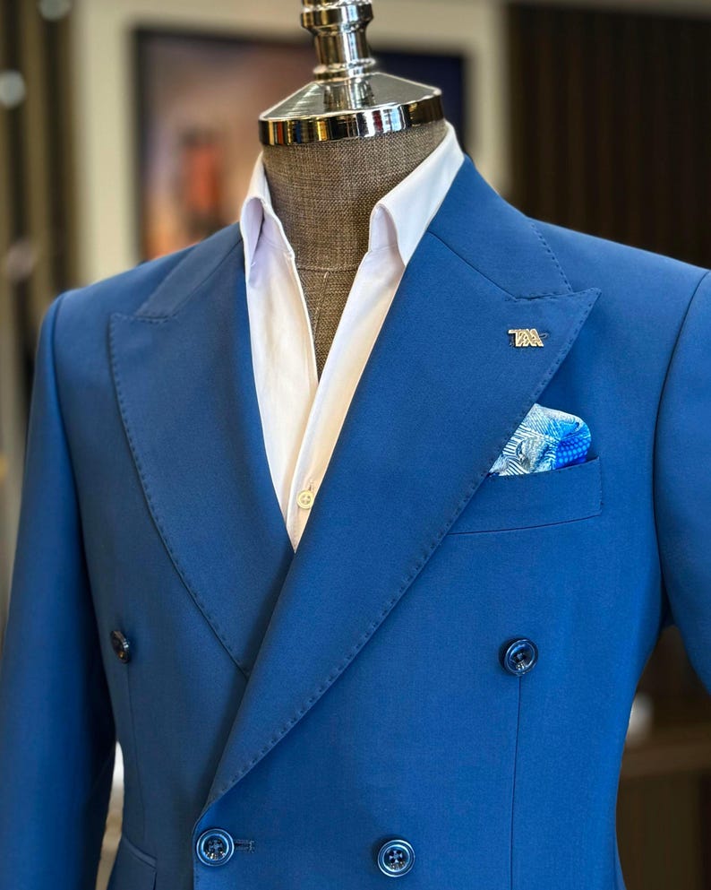 Blue Slim Fit Stylish Double Breast Two Piece Blue Mens Suit for ...