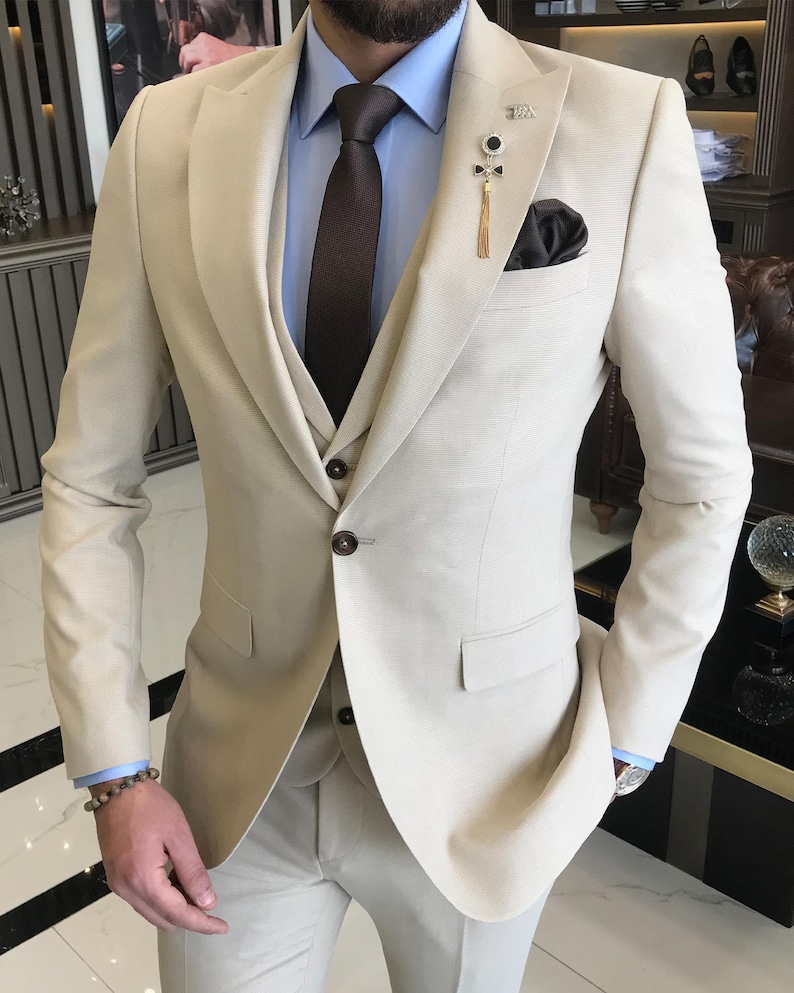 Beige 3-piece Slim Fit Suit for Men - Wedding Suits - Engagement Suits ...