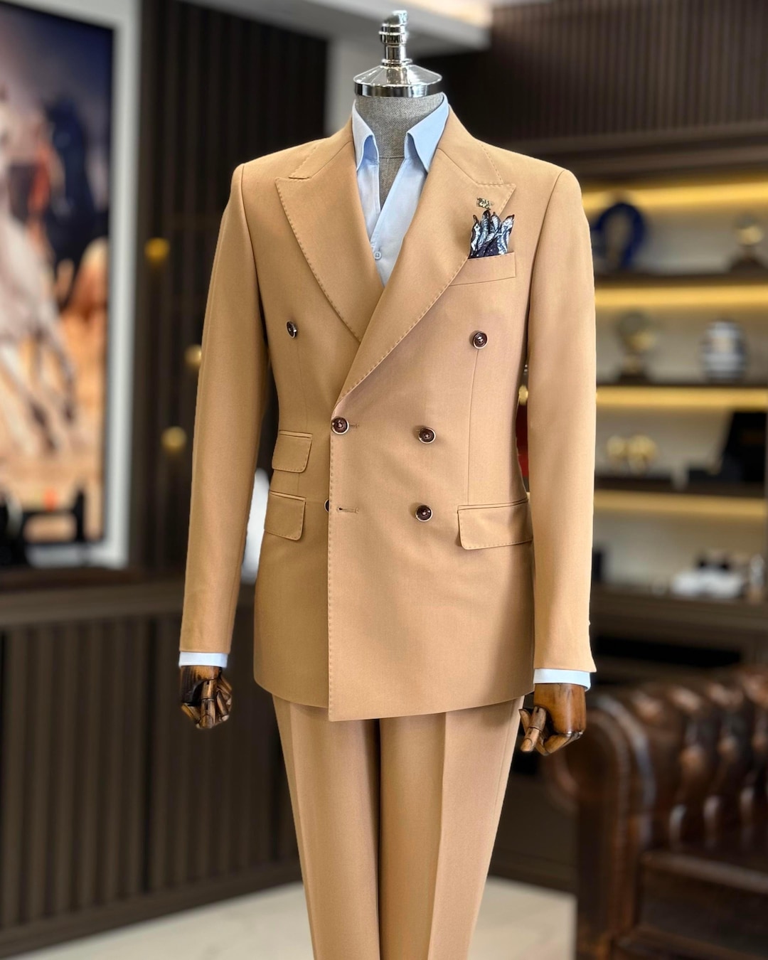 Camel Slim Fit Stylish Double Breast Two Piece Camel Mens Suit for ...