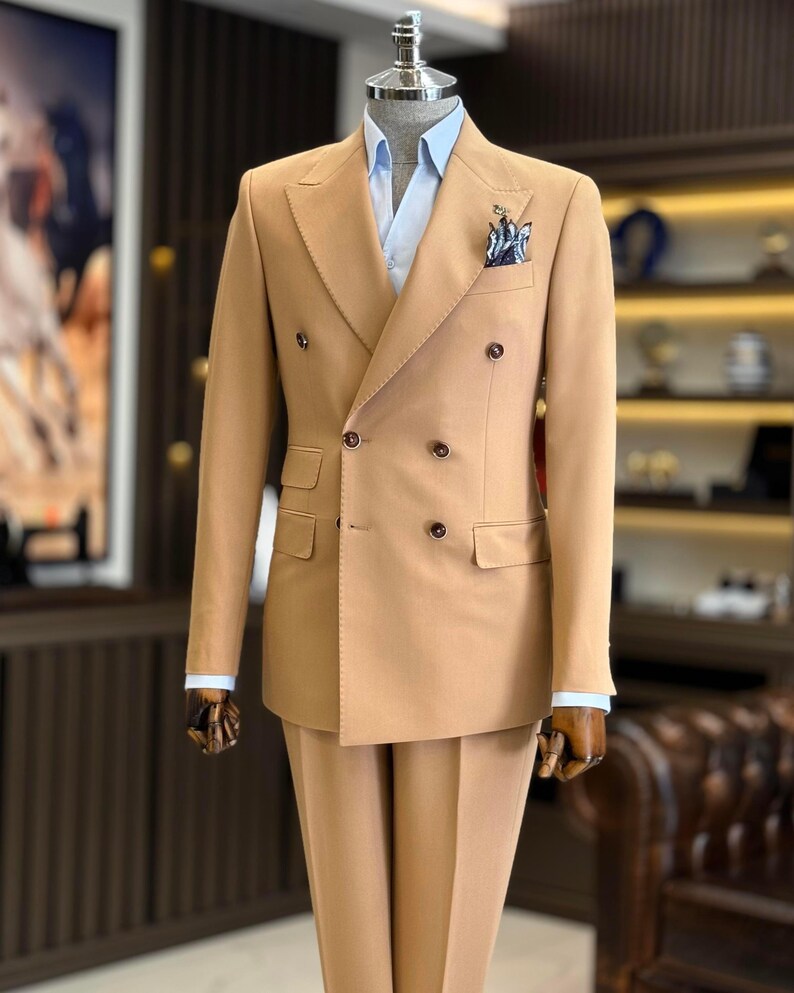 Camel Slim Fit Stylish Double Breast Two Piece Camel Mens Suit for ...