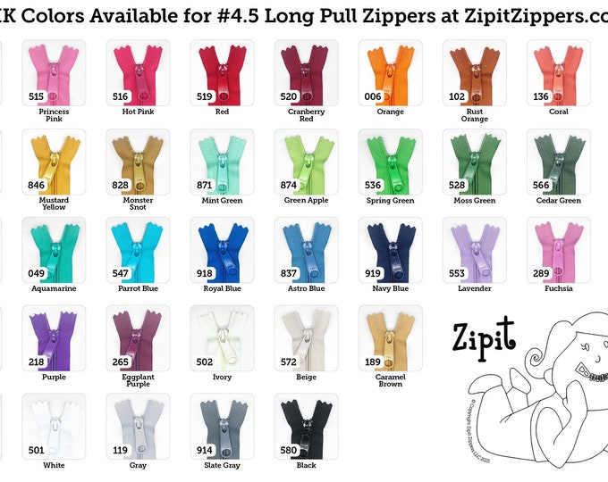 YKK Handbag Zippers- Your Choice of Color - 4.5 Long Pull Purse Zippers ...