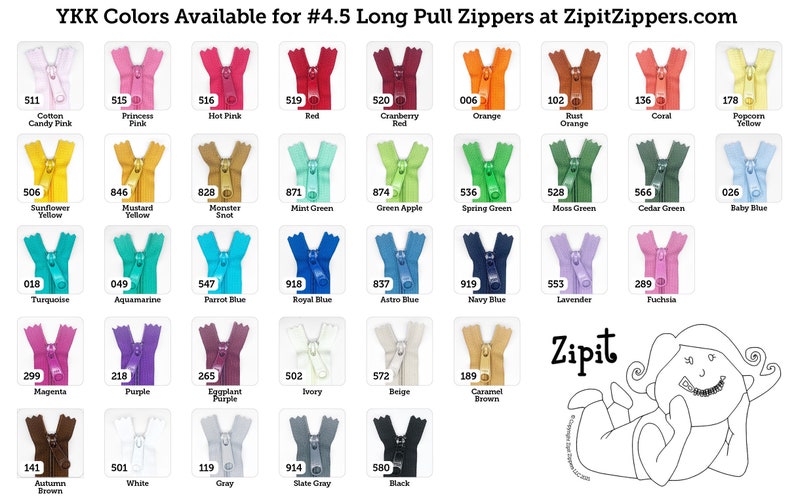 YKK Handbag Zippers- Your Choice of Color - 4.5 Long Pull Purse Zippers ...