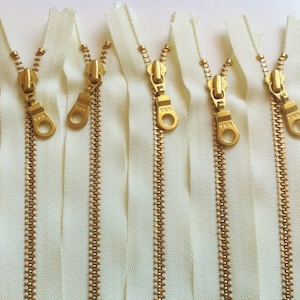 YKK Metal Teeth Zippers- off White Ivory Brass With Donut Pull- 5 Pcs Color 502- Available in 4 ...