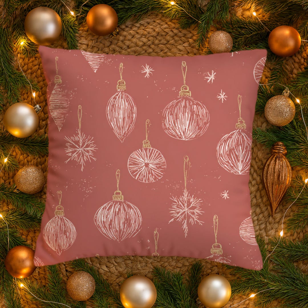 Dusty Rose Ornaments Pillow Cover- Christmas Baubles Pattern Luxe ...