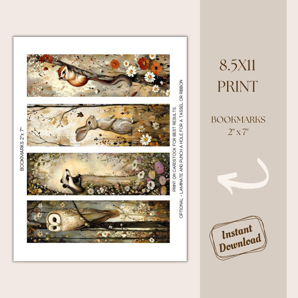 WOODLAND ANIMAL BOOKMARKS | 2x7", Print at Home Pdf, Instant Download ...
